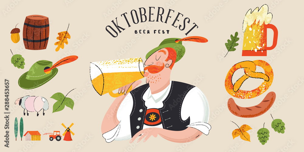 Oktoberfest, beer festival. Characters in German national dress drink ...