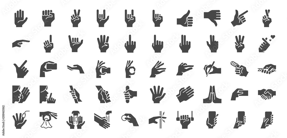 Hand gestures line icon set. Included icons as fingers interaction, pinky swear, forefinger ...