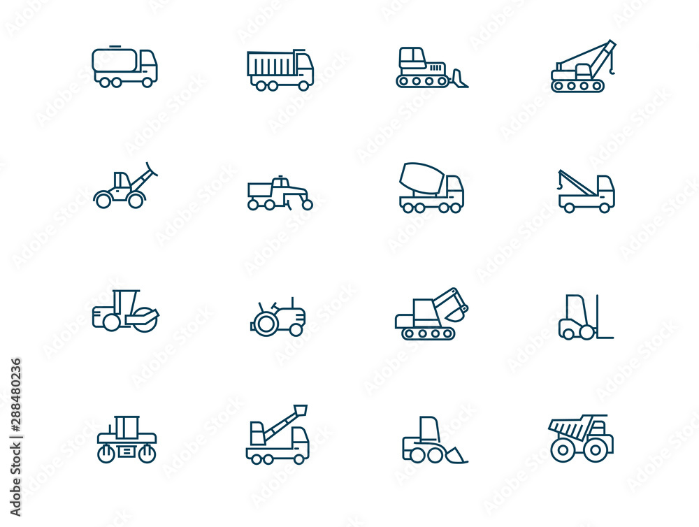 Construction machinery vector linear icons set. Heavy duty machines ...