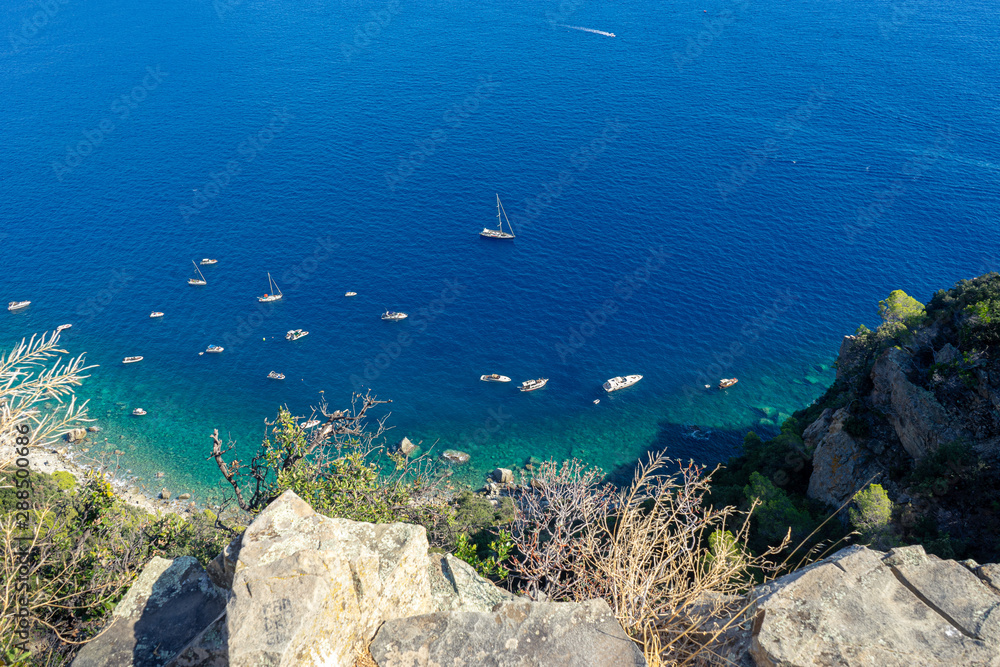 Punta Manara, Sestri Levante, Liguria. View of the crystal clear blue ...