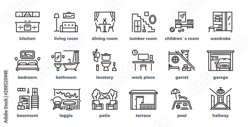 Home rooms line icons. Living room bedroom kitchen bathroom simple ...