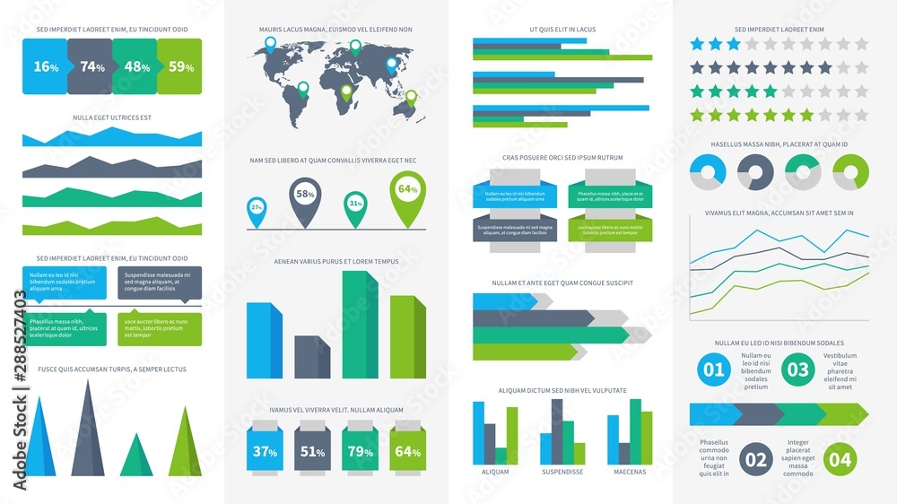 Infographics set. Charts, diagrams and graphs. Flowchart, data bars and ...