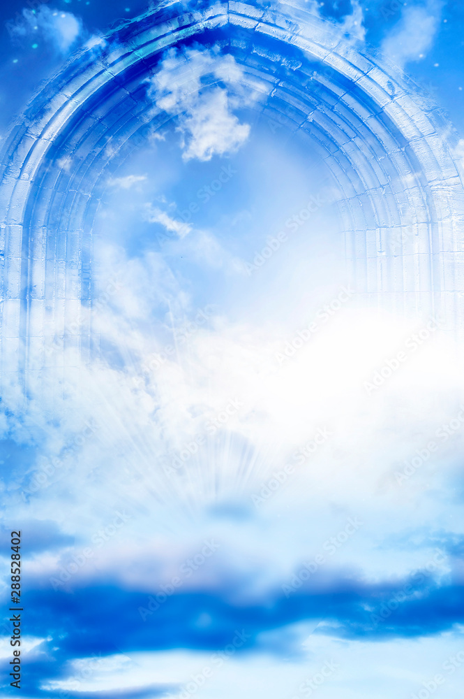blue mystic angelic magic spiritual background with gate sky, divine ...