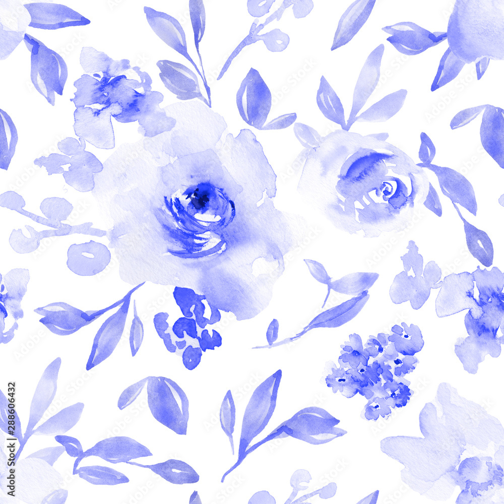 Indigo Blue Watercolor Flower Wallpaper Background. Seamless Floral ...