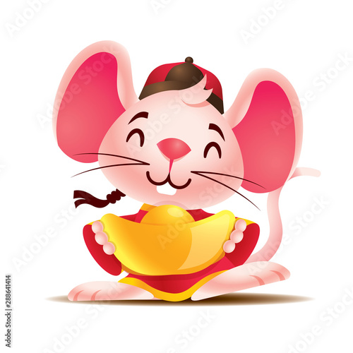 Cute happy white mouse with big ears with traditional Chinese jacket ...
