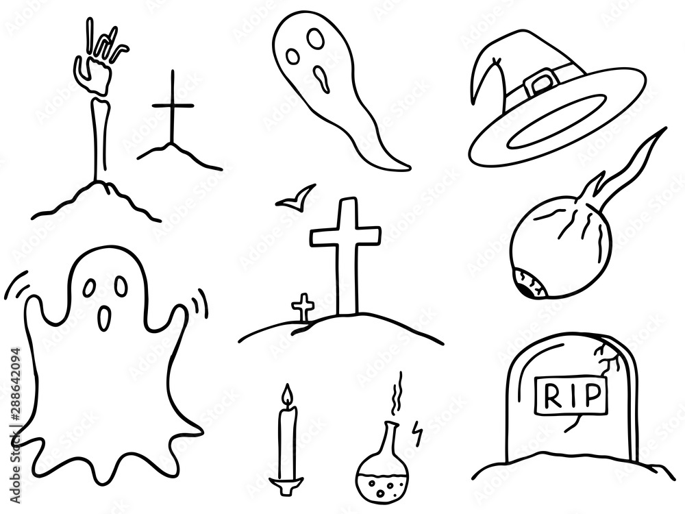 Set of Halloween spooky elements. Hand drawn outline vector doodles ...
