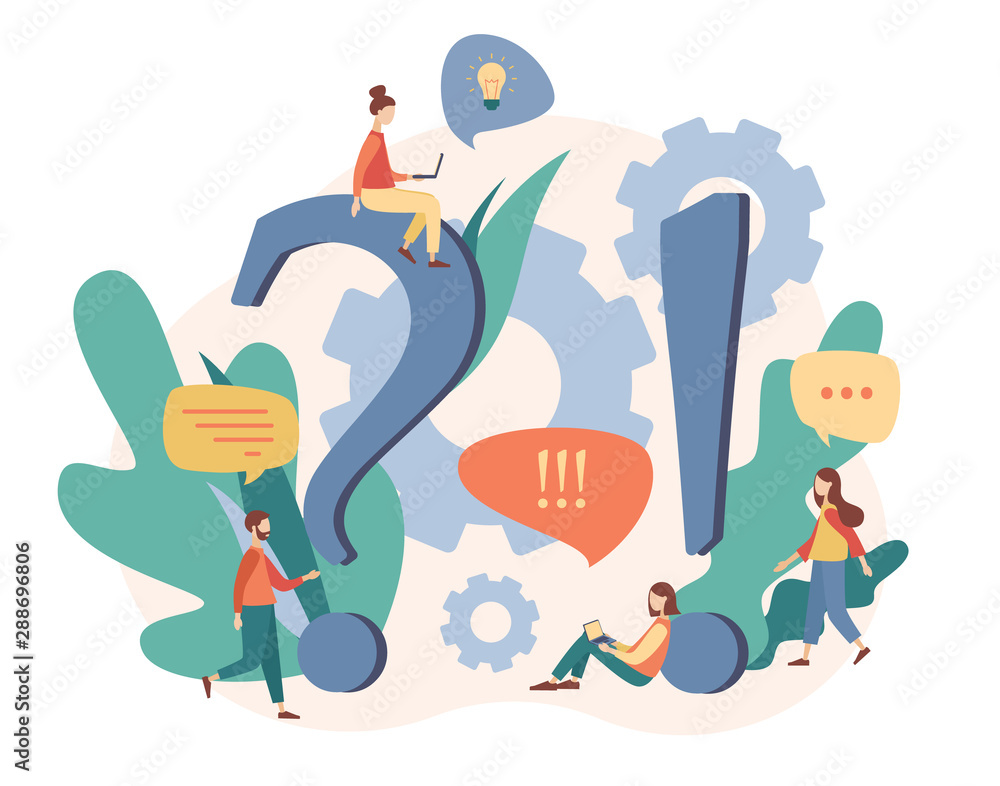 FAQ concept set. People around exclamations and question marks ...