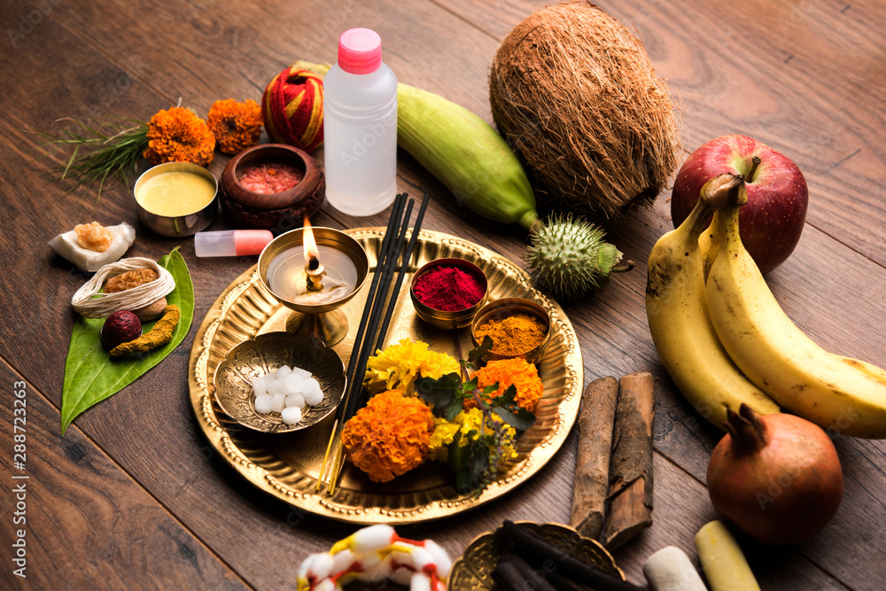 Pooja Material / Puja Sahitya in Hindu Religion from India, arranged in ...