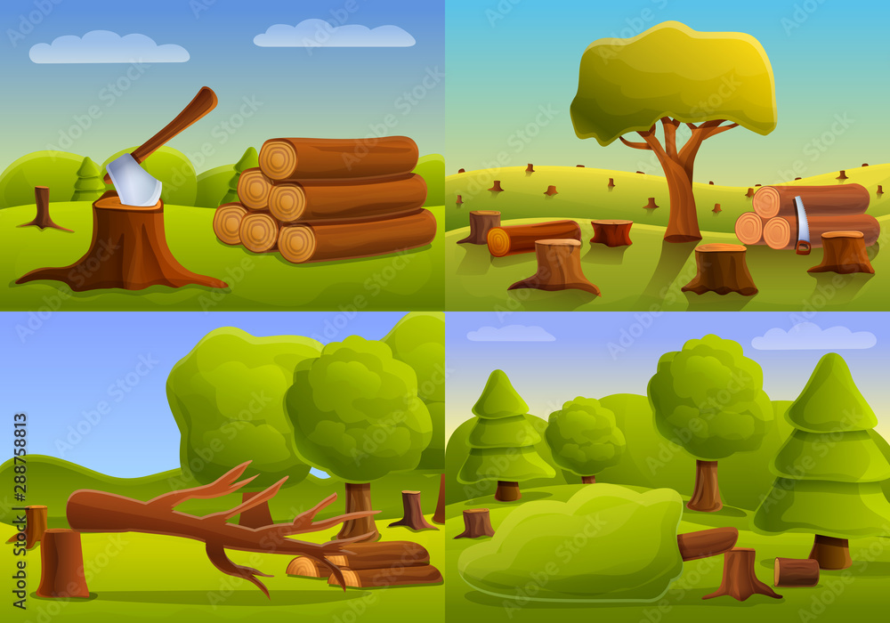 Deforestation forest banner set. Cartoon illustration of deforestation ...