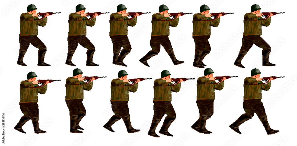 Soldier walk animation cycle sprites, retro video game pixel art style ...