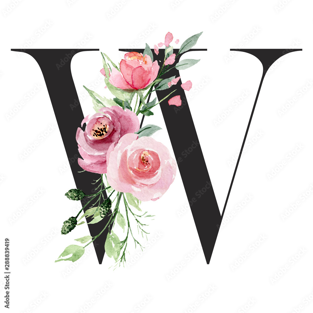 Floral alphabet, letter W with watercolor flowers and leaf. Monogram ...