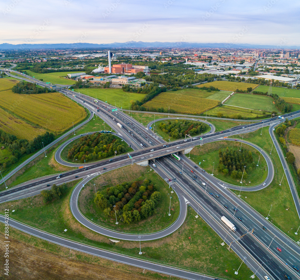 Cloverleaf interchange seen from above. Aerial view of highway road ...