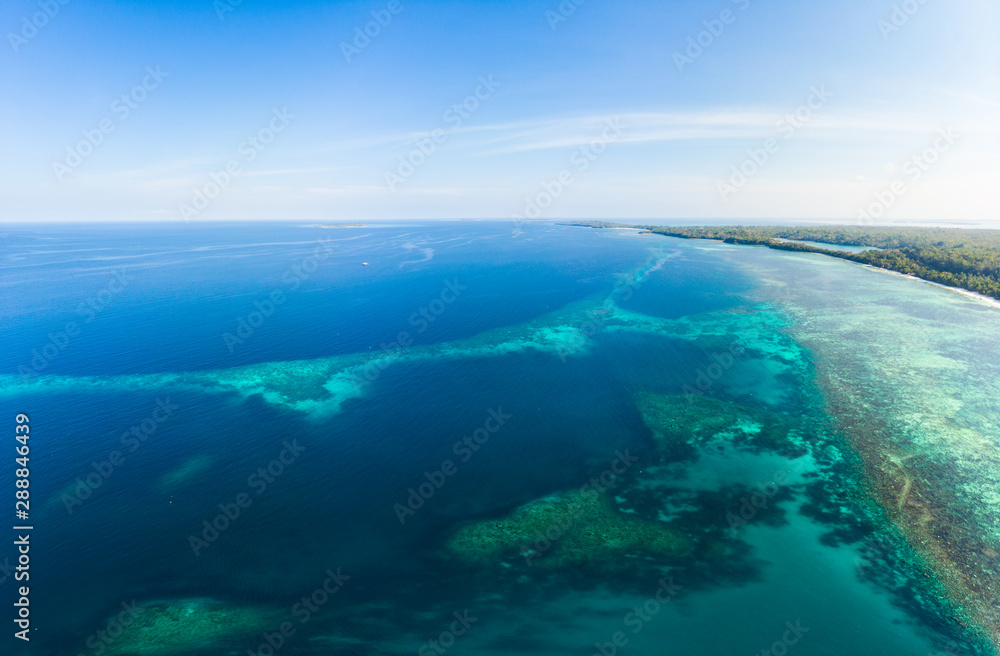 Aerial view tropical beach island reef caribbean sea at Pasir Panjang ...