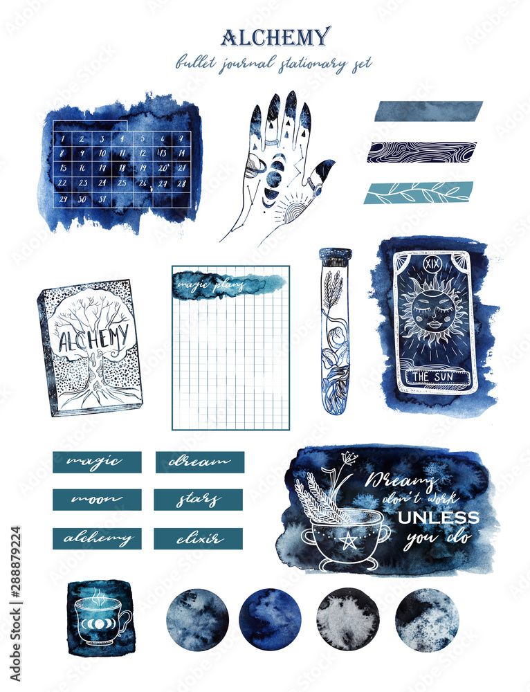 Alchemy and magic. Bullet journal collection. Set of watercolor and ...