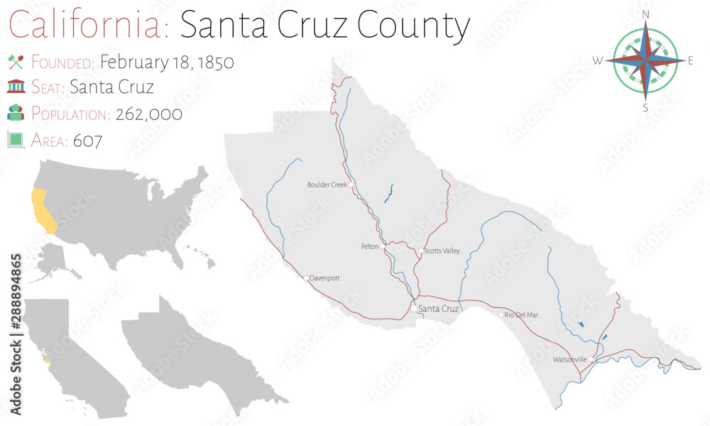 Large and detailed map of Santa Cruz county in California, USA Stock ...