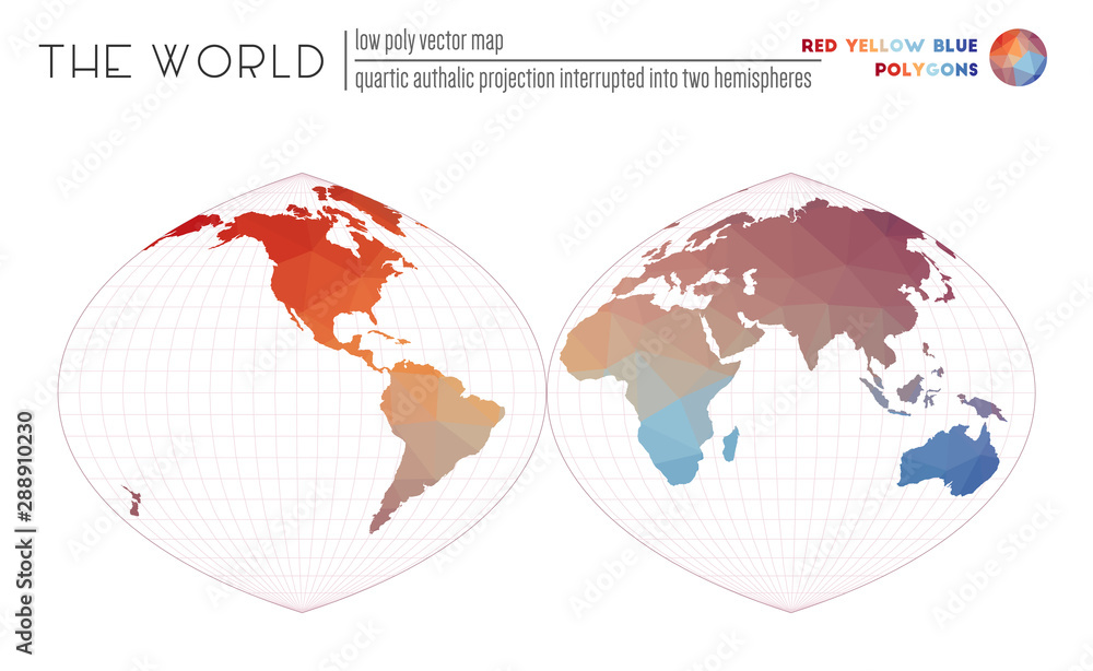 Low poly design of the world. Quartic authalic projection interrupted ...