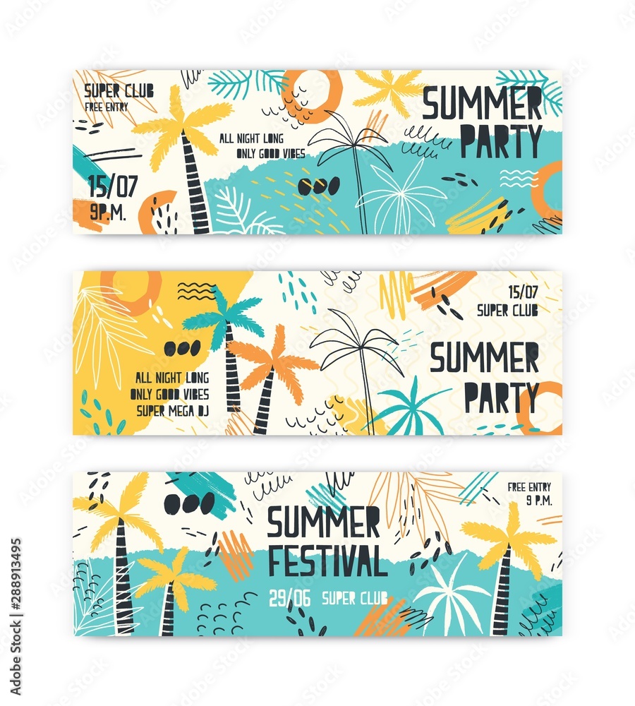 Summer festival banner vector templates set. Tropical beach party ...