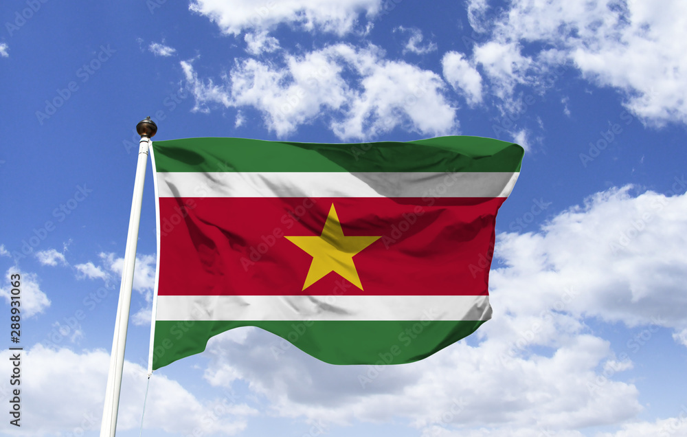 Suriname flag mockup fluttering under blue sky. Small South American ...