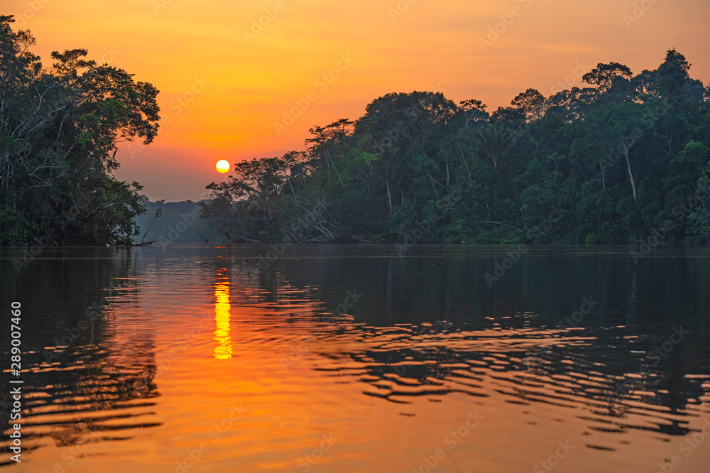 Reflection of a sunset by a lagoon inside the Amazon Rainforest Basin ...
