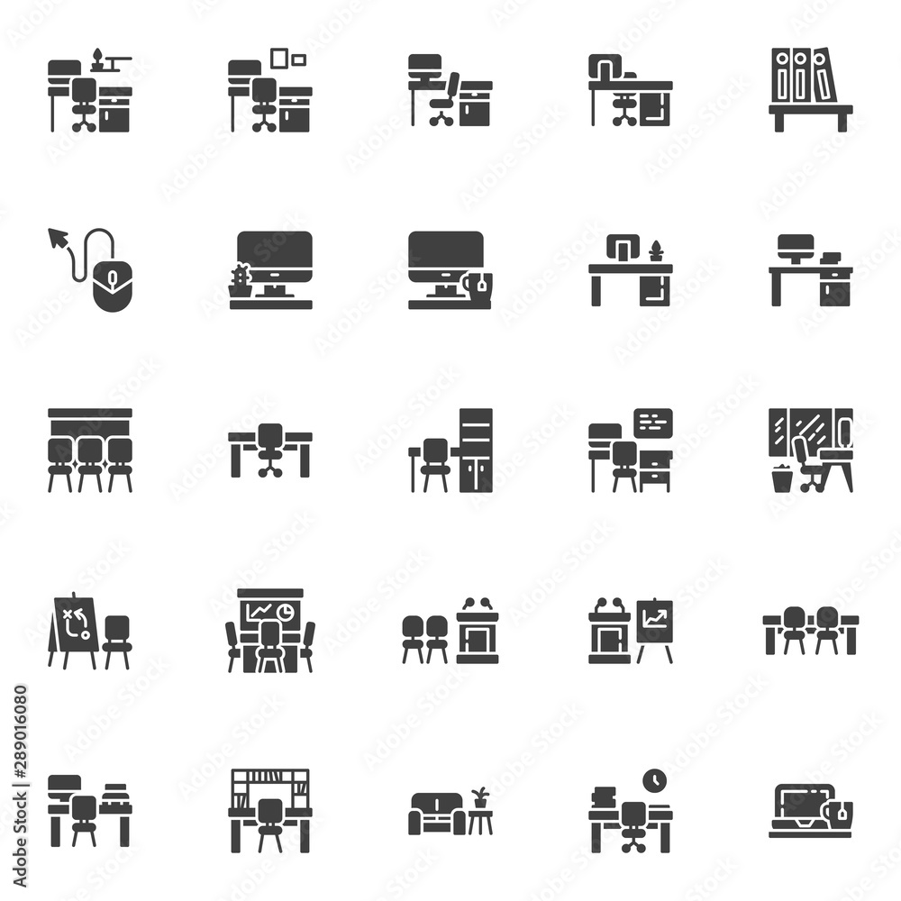 Office workplace vector icons set, modern solid symbol collection ...