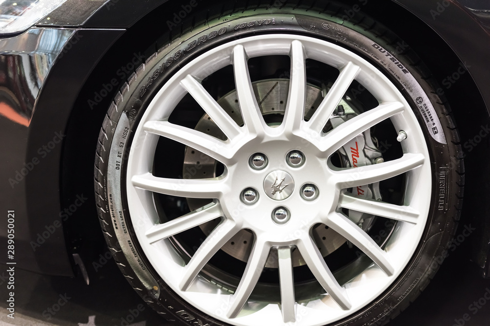 BUCHAREST, ROMANIA - OCTOBER 31, 2014: Maserati Sign Close Up. Maserati ...