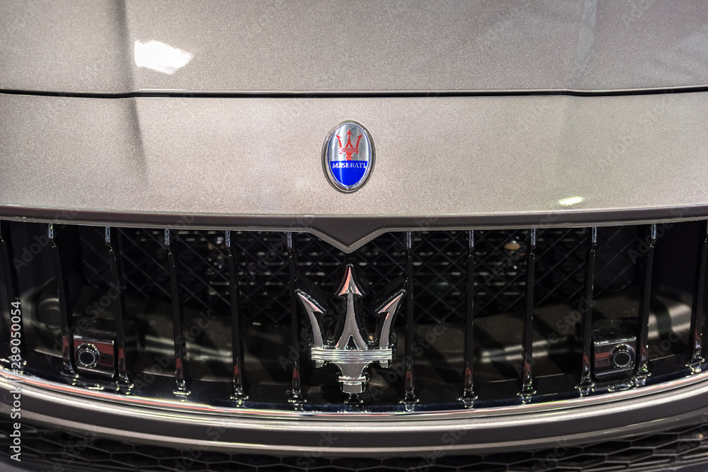 BUCHAREST, ROMANIA - OCTOBER 31, 2014: Maserati Sign Close Up. Maserati ...