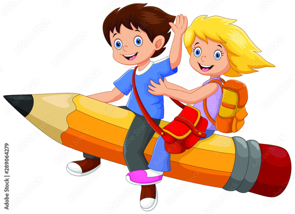 Vector illustration of happy school kids riding a flying pencil ...