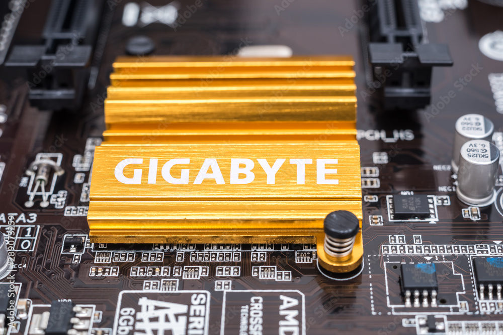 BUCHAREST, ROMANIA - FEBRUARY 02, 2015: Gigabyte Chipset Heatsink On ...