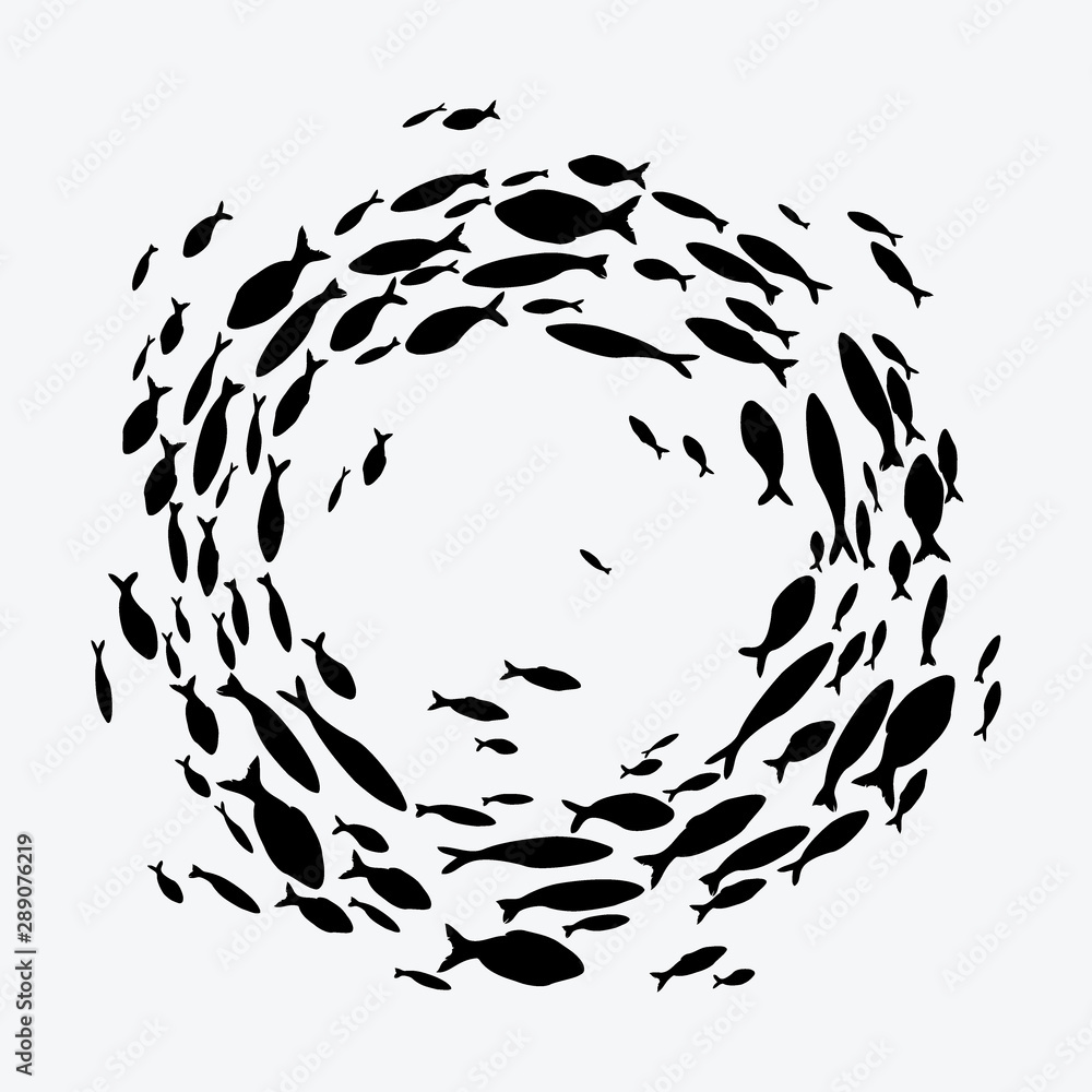 School of fish. A group of silhouette fish swim in a circle. Marine ...