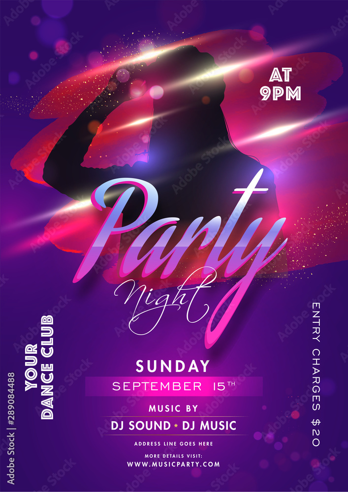 Night Party invitation card design with silhouette female and event ...