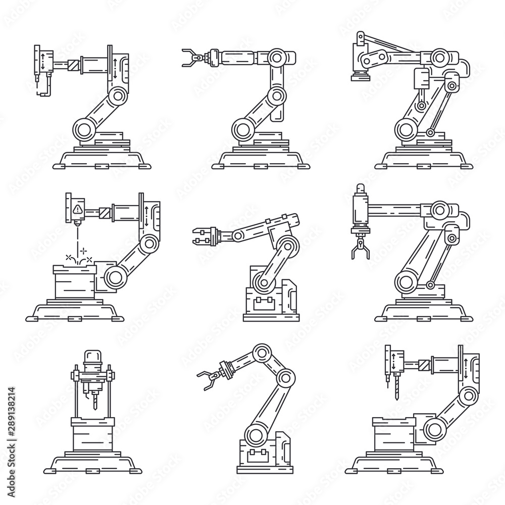 Line flat vector icon set factory conveyor robot arm system. Automatic ...
