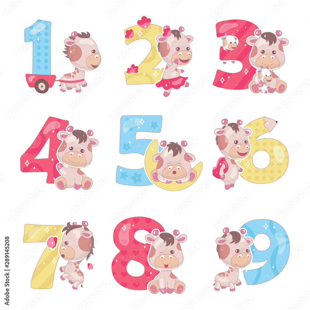 Cute numbers with baby giraffe cartoon illustrations set. School math ...