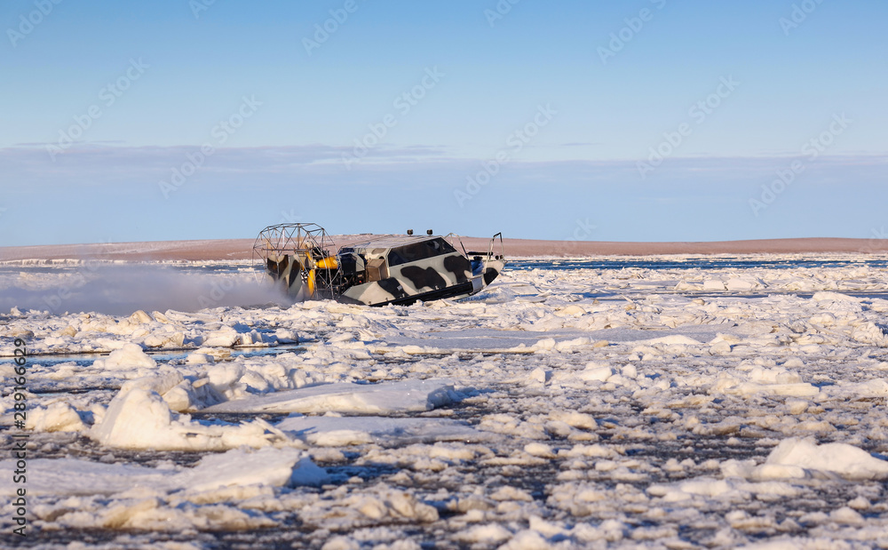 Airboat (air boat) crosses river estuary is covered by ice floes. Off ...