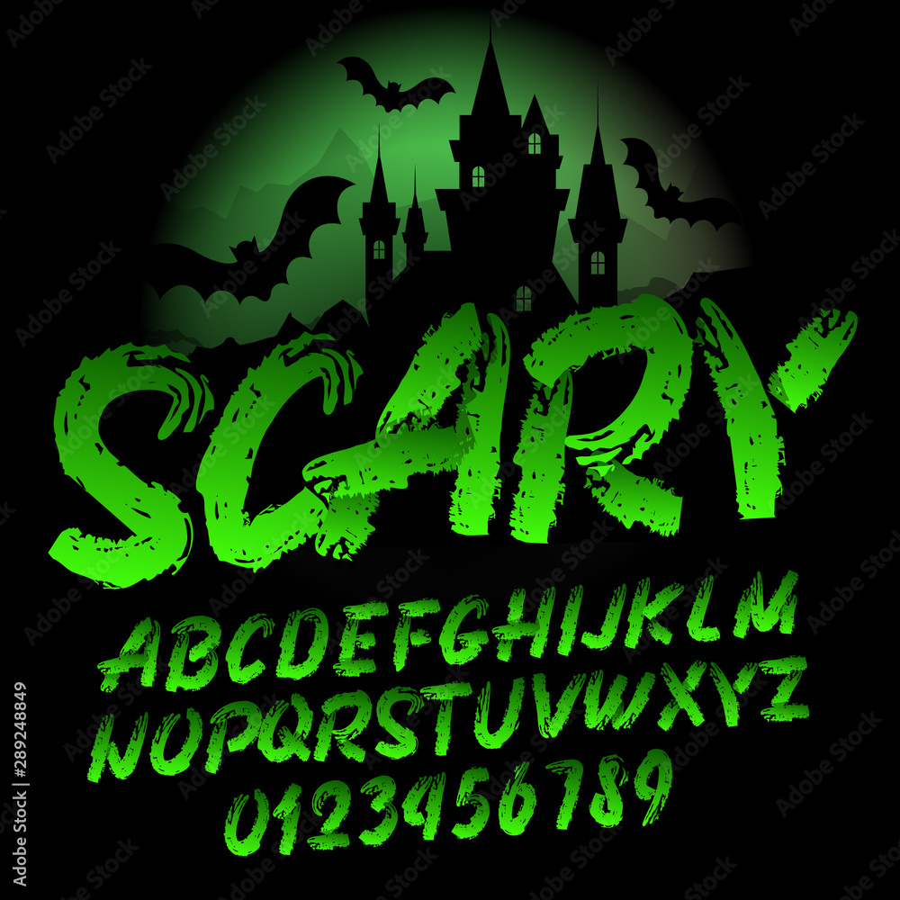 Scary alphabet font. Brush stroke letters and numbers. Handwritten ...