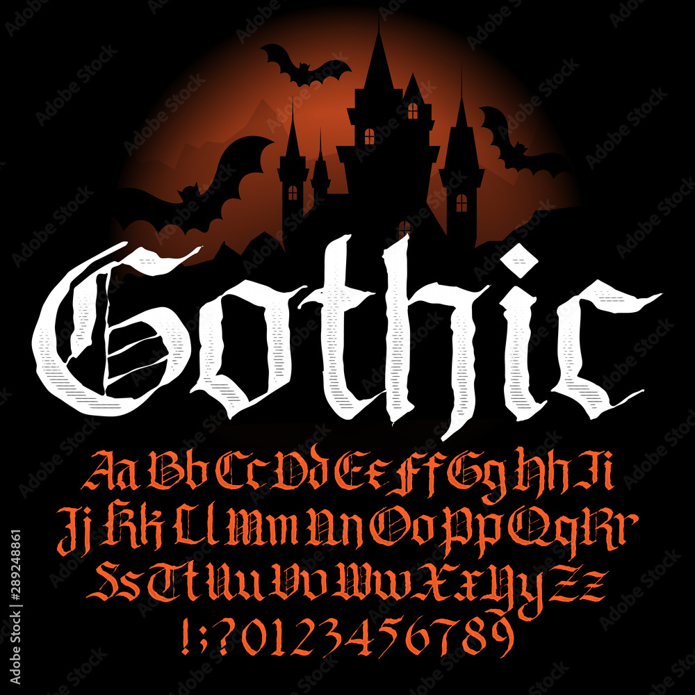 Gothic alphabet font. Hand drawn uppercase and lowercase letters and ...