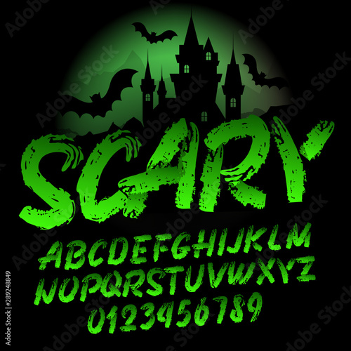 Scary alphabet font. Brush stroke letters and numbers. Handwritten ...