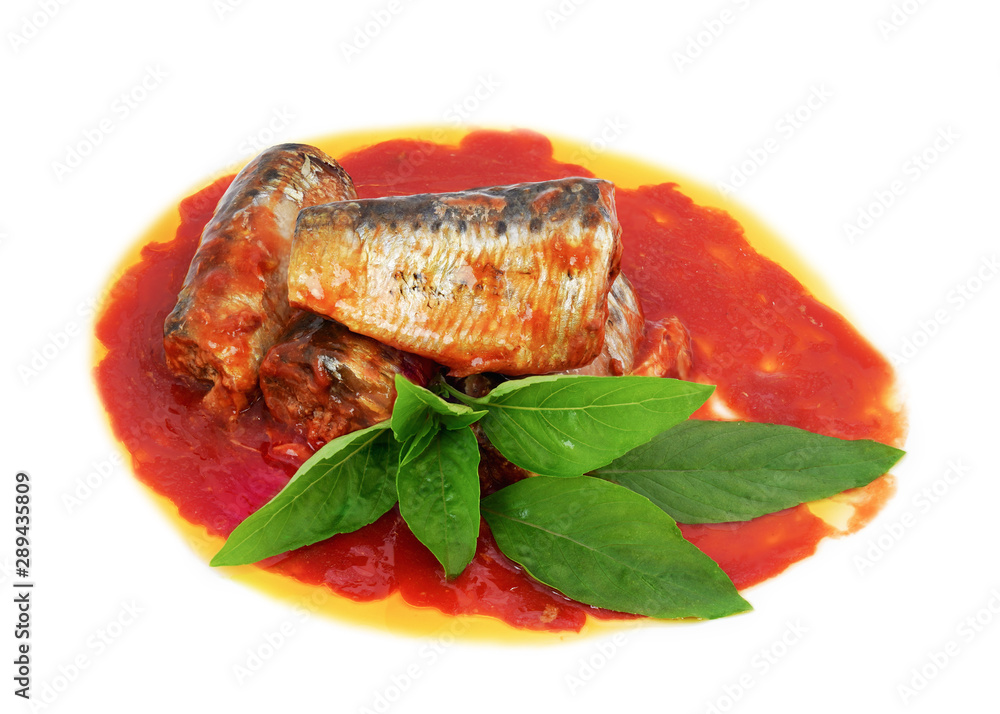 Canned fish (sardines, pilchards fish in tomato sauce) isolated on ...