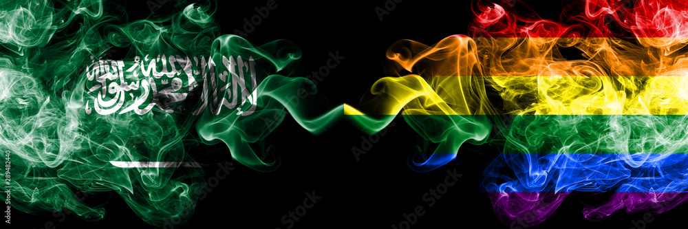 Saudi Arabia Kingdom vs Gay pride smoky mystic flags placed side by ...