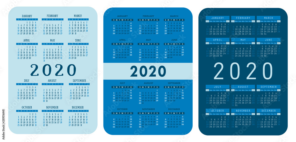 2020 year. Pocket calendar set. Vector design collection. Blue color ...