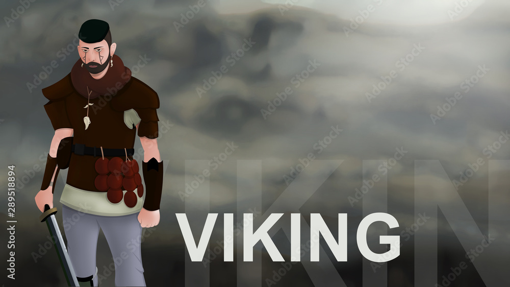 Viking word text with Warrior armed with sword viking and leather armor ...