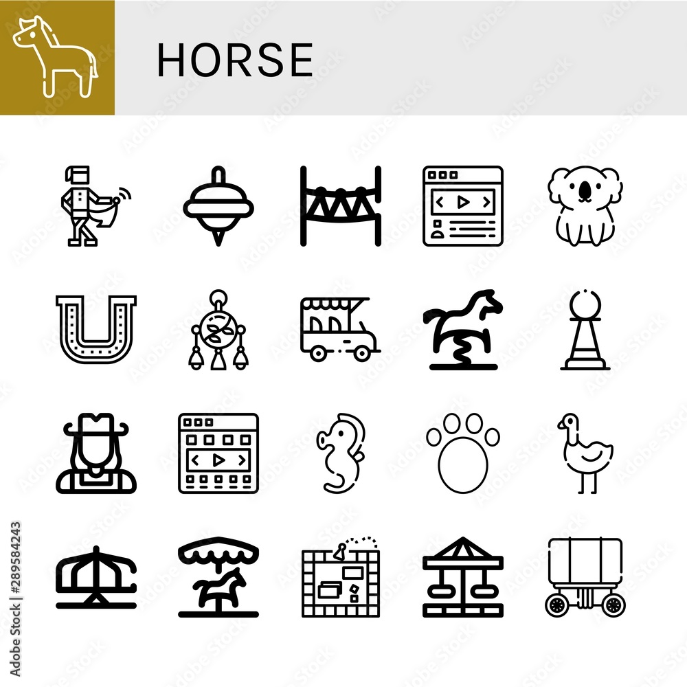 Set of horse icons such as Horse, Medieval, Spinning top, Rope park ...