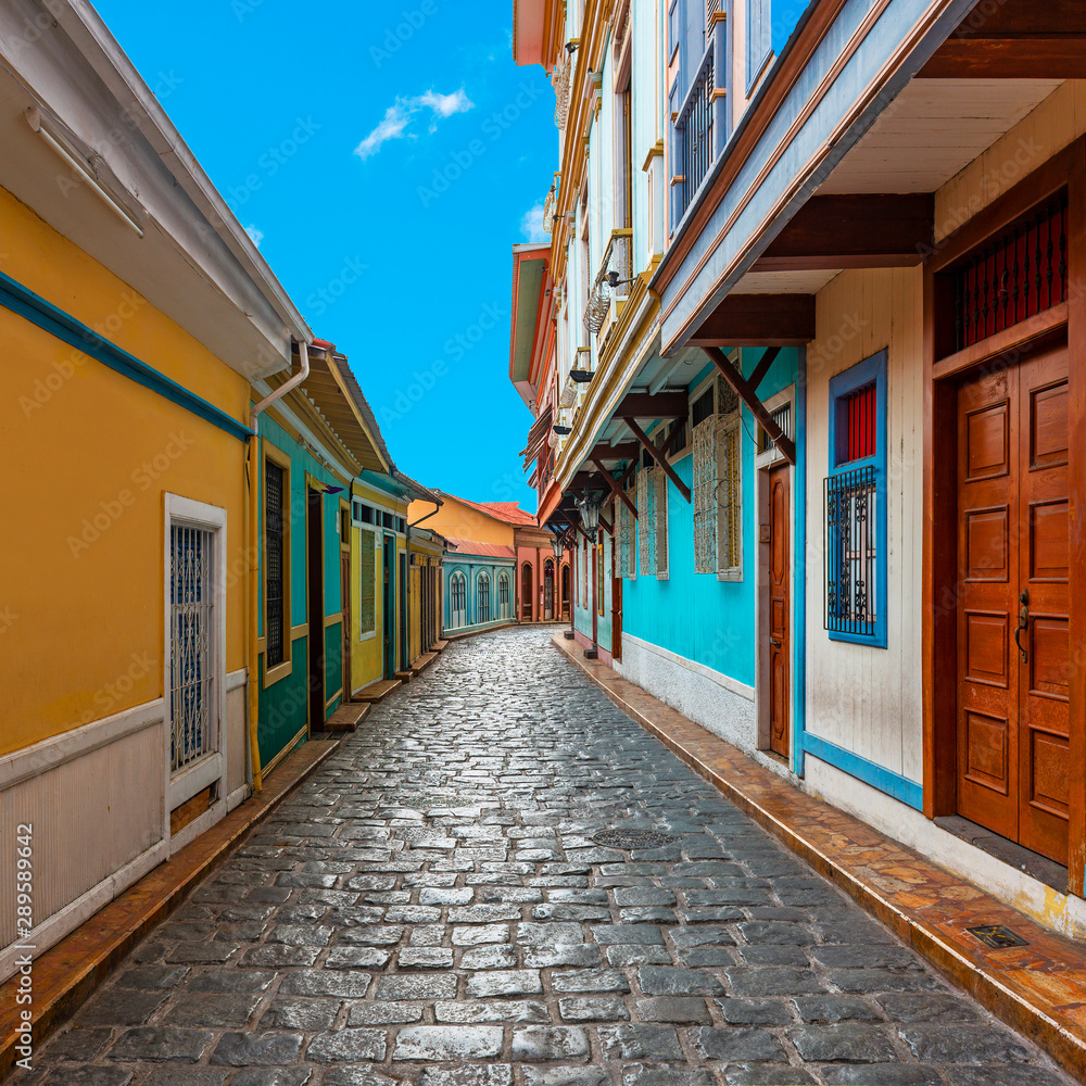Cityscape of the most beautiful street of Guayaquil city with colorful ...