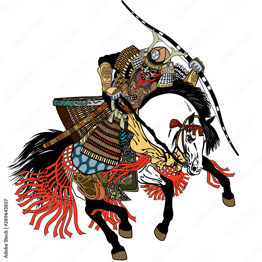 Vector de Stock Japanese samurai horse rider dressed in full leather ...