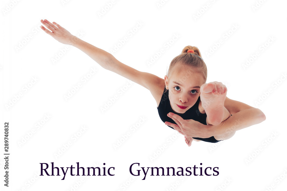 Teenage girl gymnast holds her leg raised to the splits Top view Stock ...
