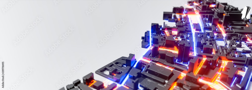 Abstract 3d render of techno panorama landscape city. Urban and ...