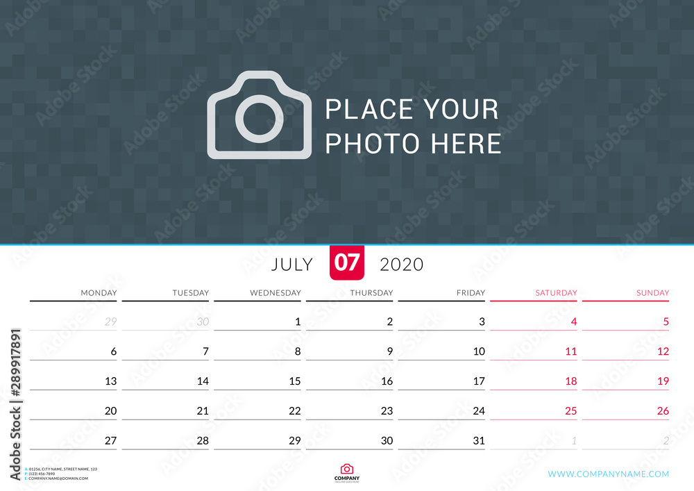 July 2020. Wall calendar planner with place for photo. Vector design ...