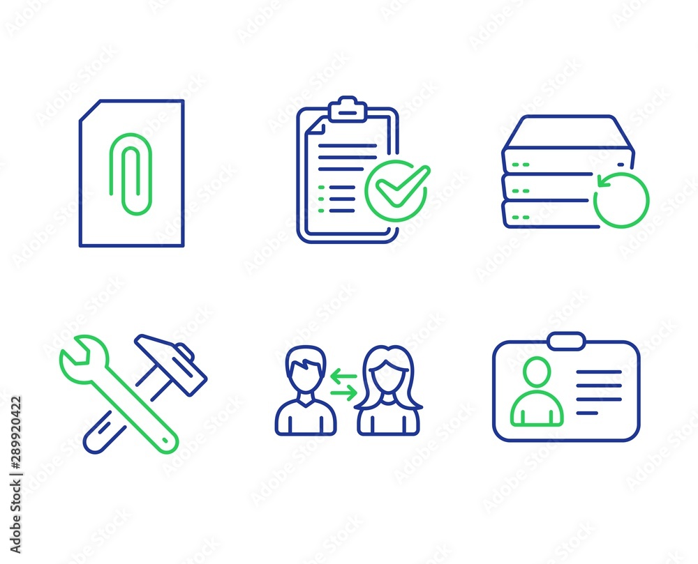 Survey checklist, People communication and Recovery server line icons set. Attachment, Spanner ...