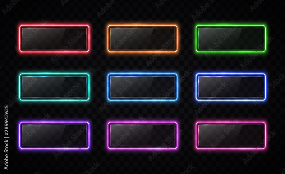 Neon color button set. Glowing line rectangle. Light effect. Glossy ...