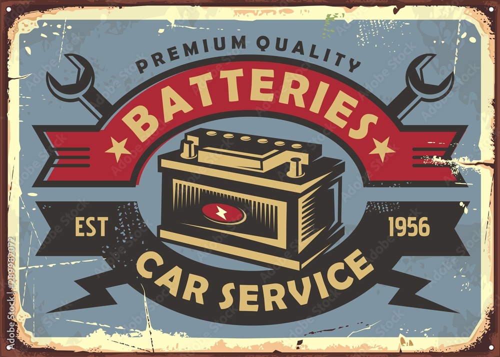 Auto batteries retro poster design for garage and auto parts. Vintage ...