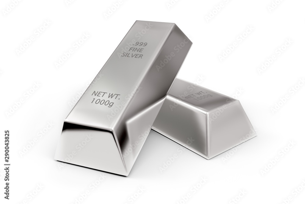 Two silver ingots or bars over white background - precious metal or money investment concept, 3D ...